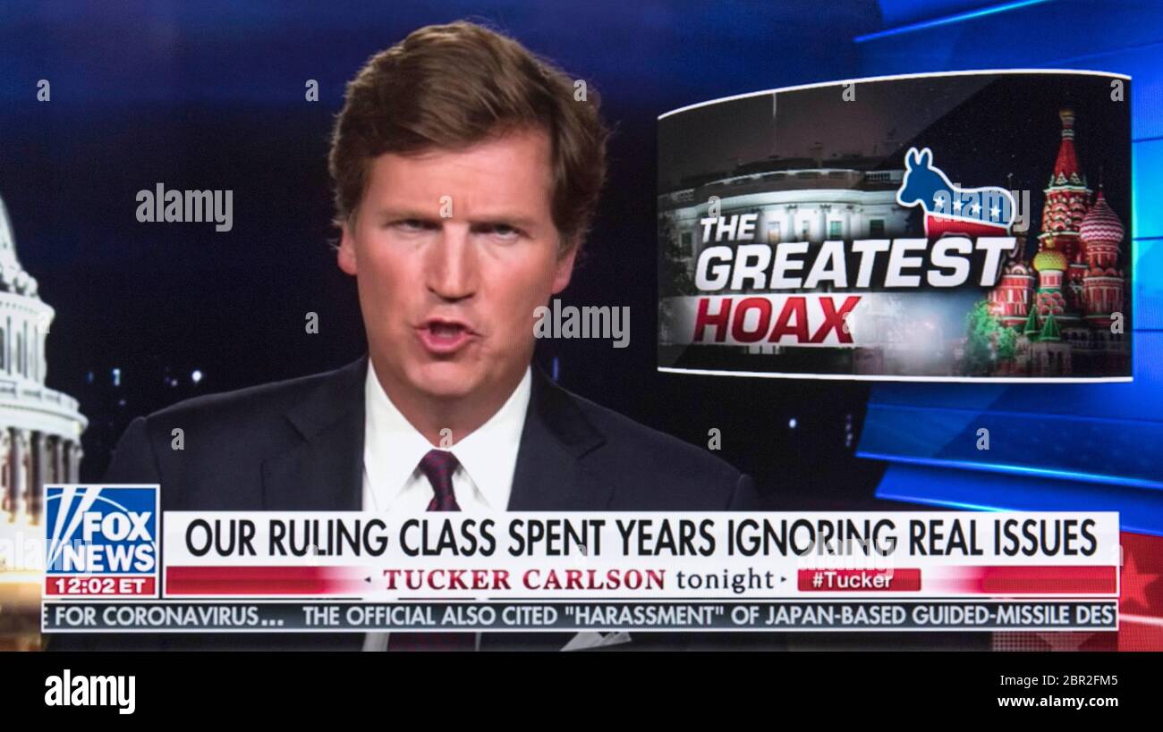 New York, New York, USA. 19th May, 2020. A screen grab of TUCKER CARLSON during his 'Tucker ...