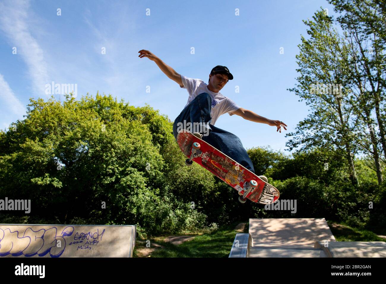British skateboarder Alex Decunha trains at Stantonbury Skatepark in ...