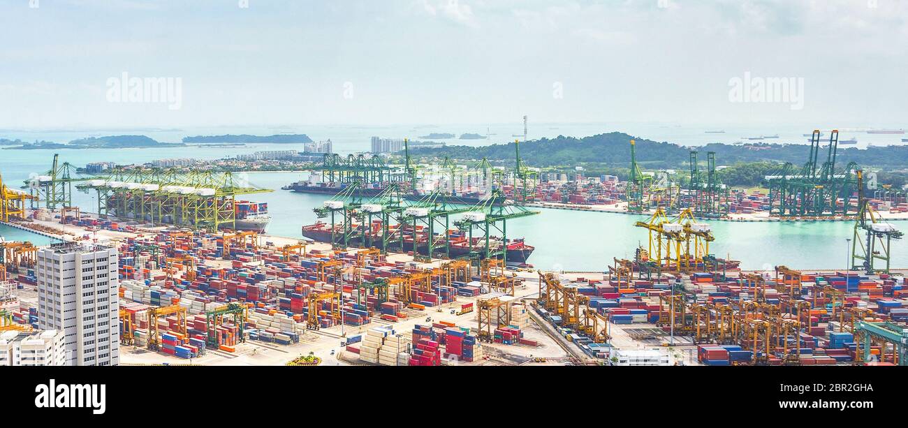 Panorama of Singapore cargo shipping port, transportational containers ...