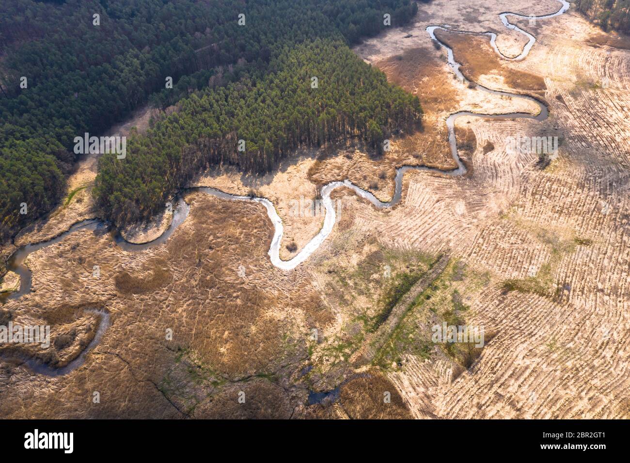 Aerial drone view, the bend of the river with sandy stretches Stock ...