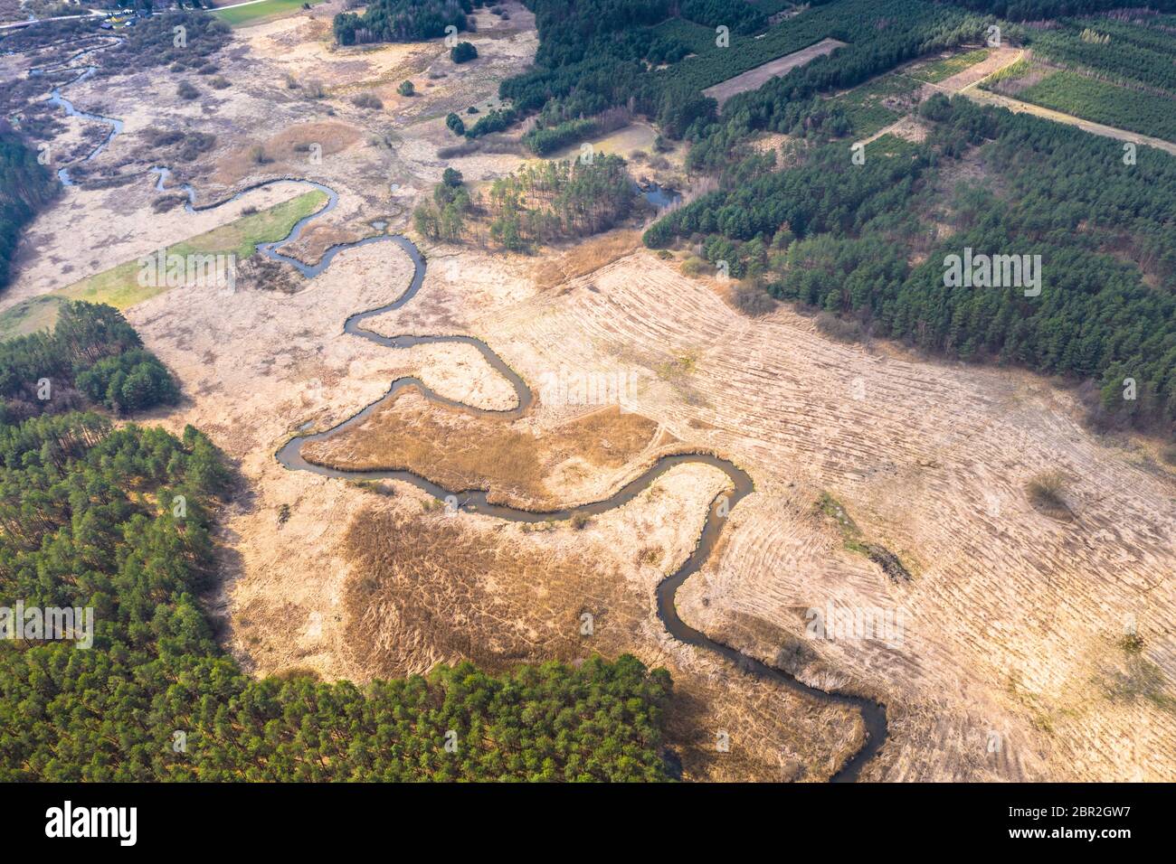 Aerial drone view, the bend of the river with sandy stretches Stock ...
