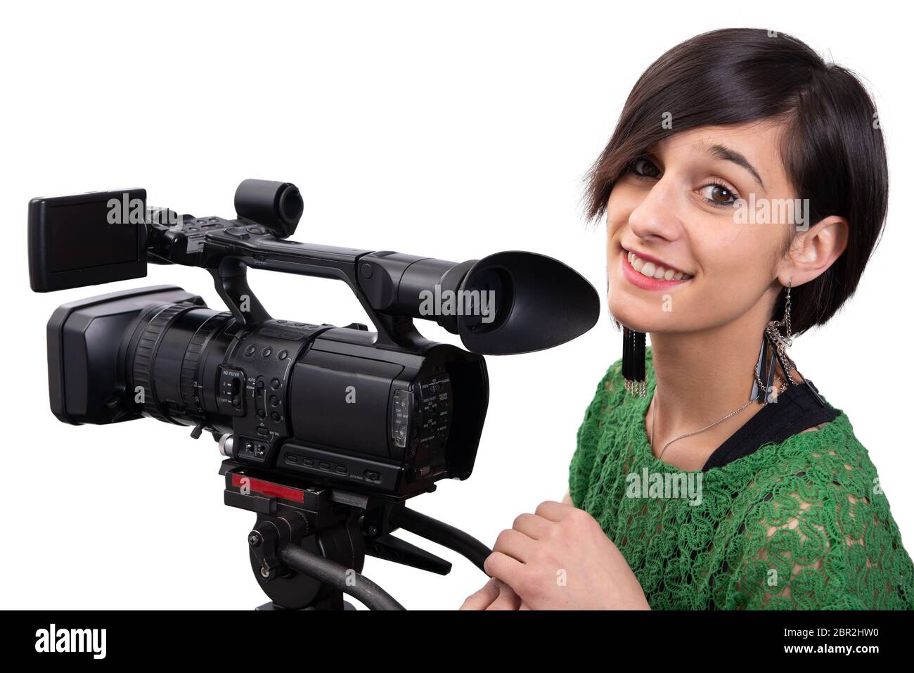 smiling young woman with professional video camera, isolated on white ...