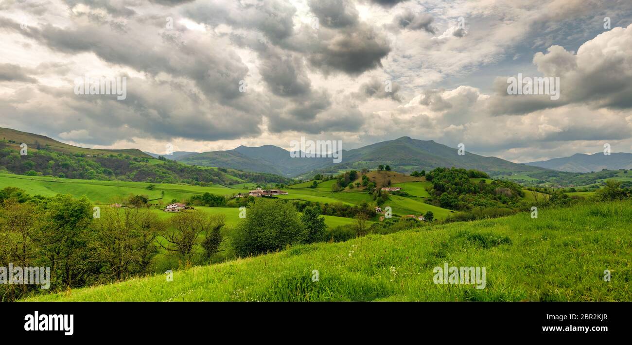 landscape of Pays Basque, Green hills. a French countryside in the ...