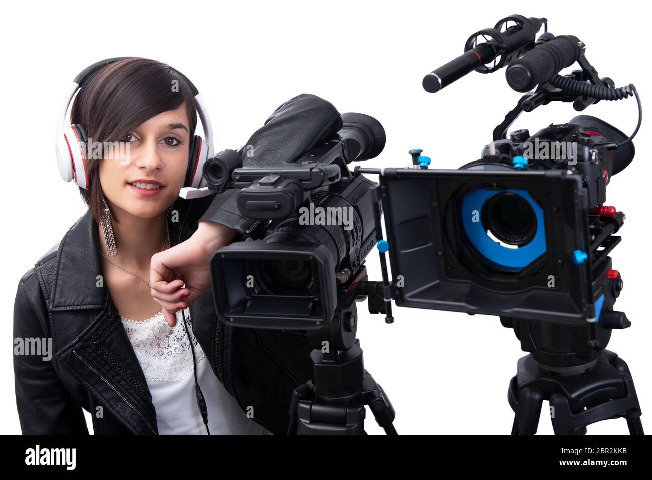 smiling young woman with professional video camera, isolated on white ...