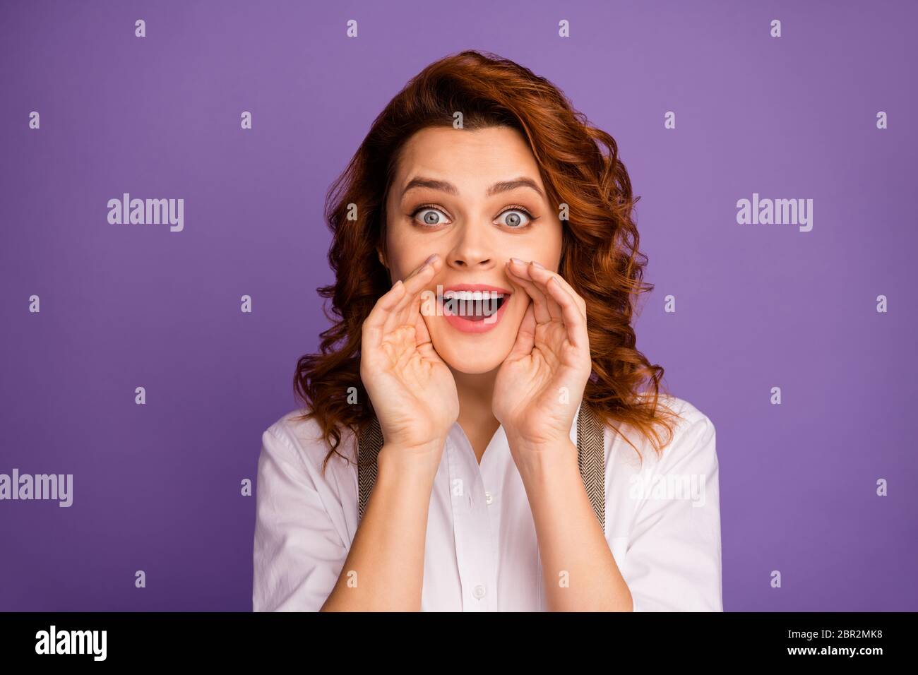 Closeup photo of attractive wavy foxy lady chatterbox person hold arms ...