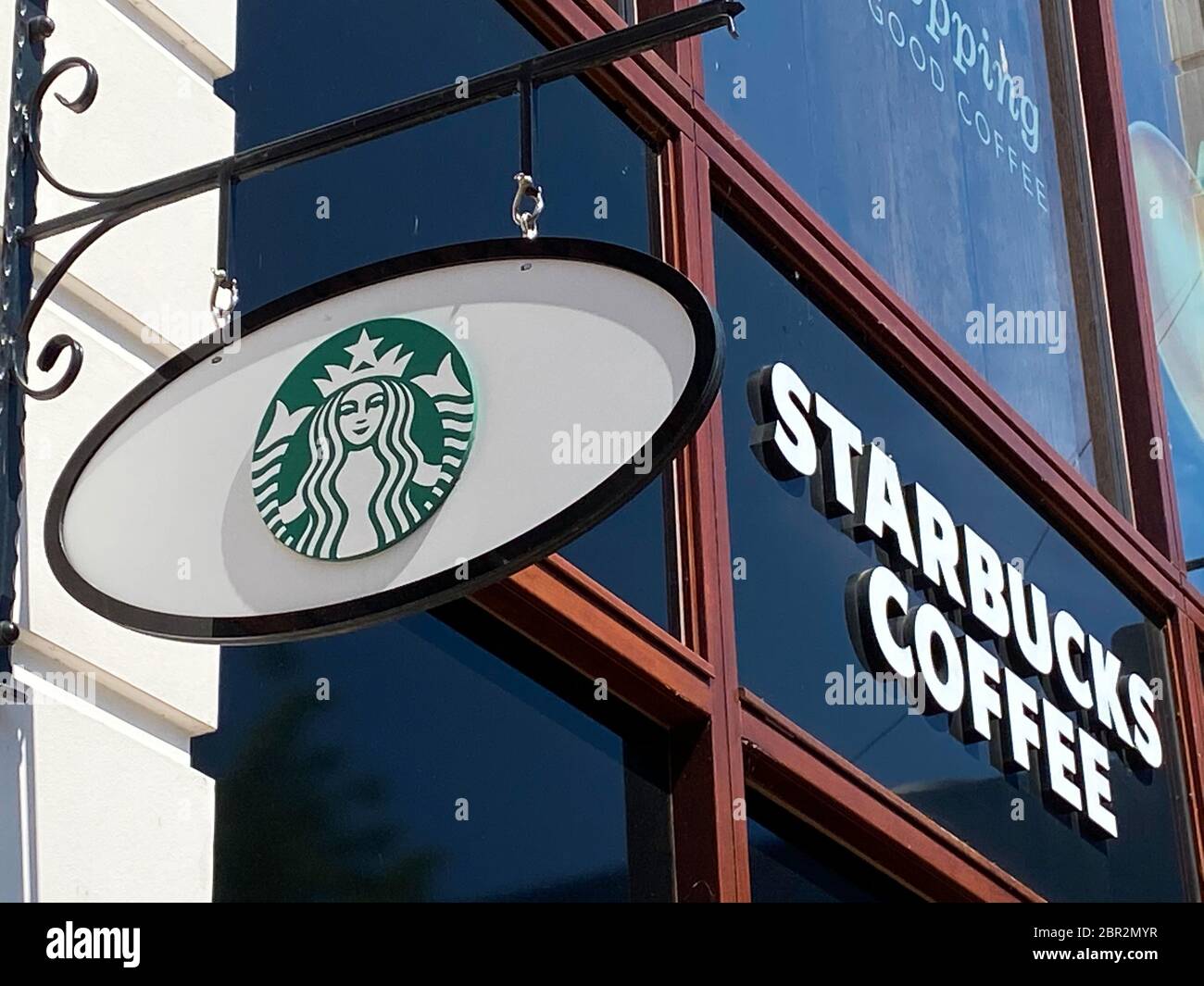 Roermond, Netherlands - May 19. 2020: View on store facade Starbucks ...