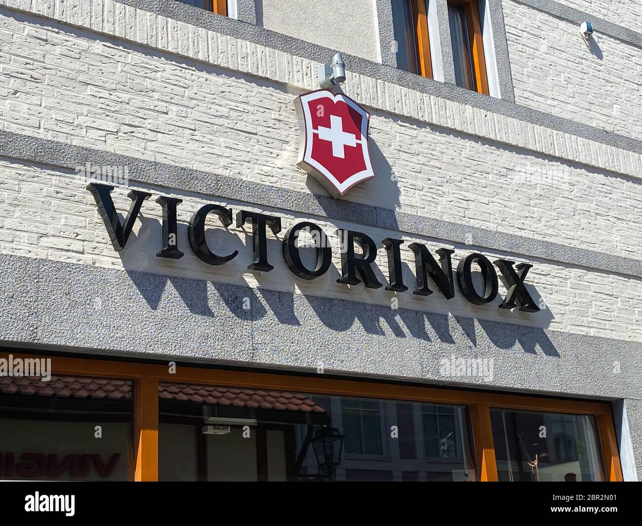 Roermond, Netherlands - May 19. 2020: View on store facade with swiss ...