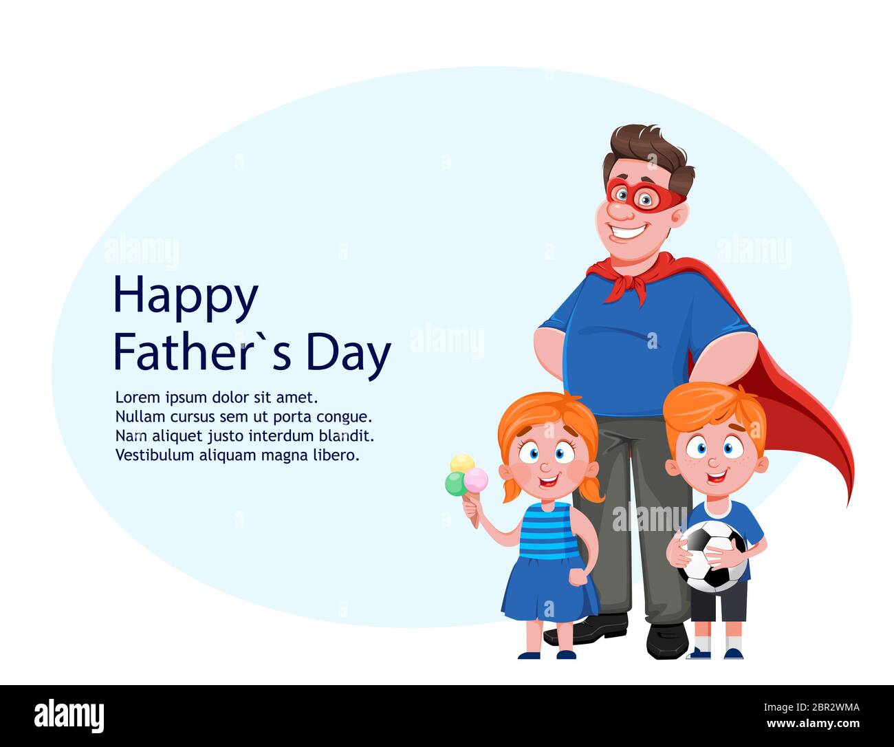 Father's day greeting card. Handsome dad in superhero costume standing ...