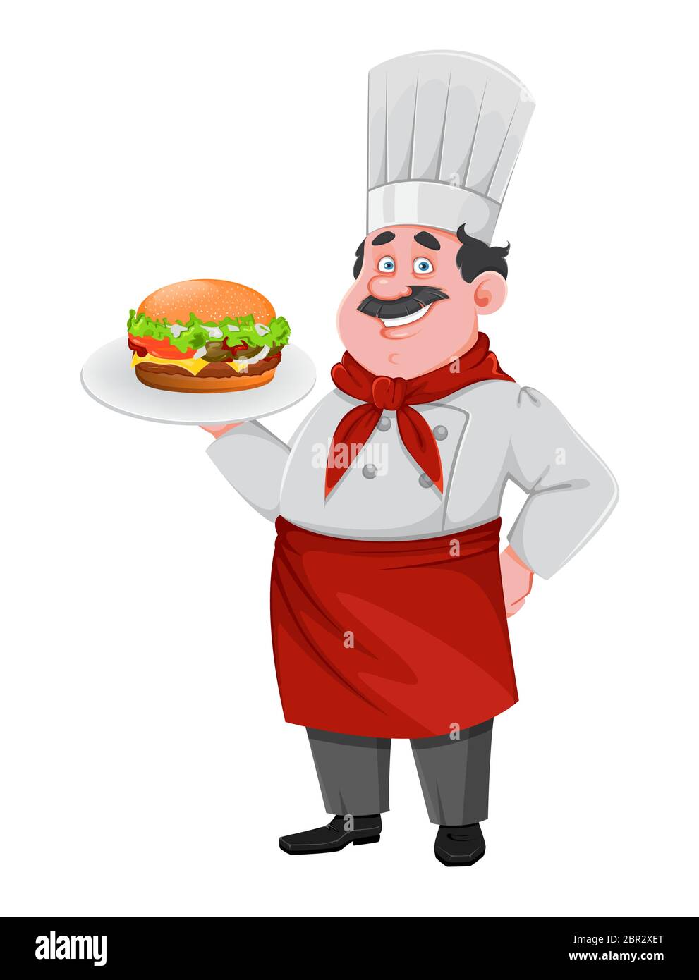 Handsome chef cartoon character holding big burger. Cheerful cook in ...