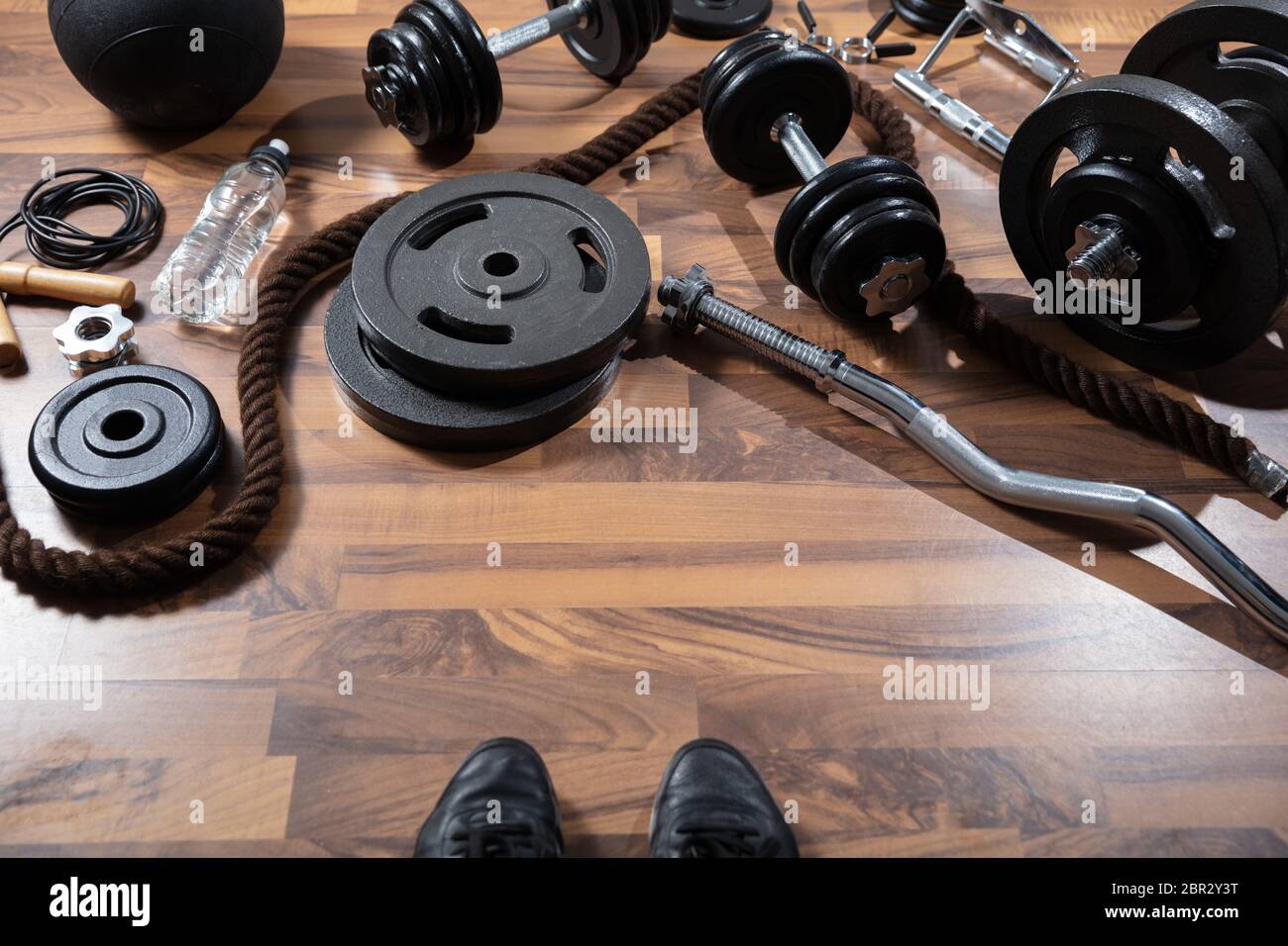 An Elevated View Of Gym Equipment On Hardwood Floor Stock Photo - Alamy