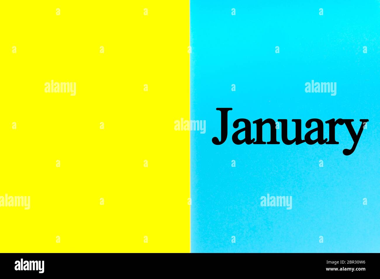 JANUARY written words on blue and yellow background. Calendar, Month ...