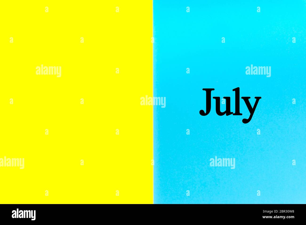 JULY written words on blue and yellow background. Calendar, Month, Date ...