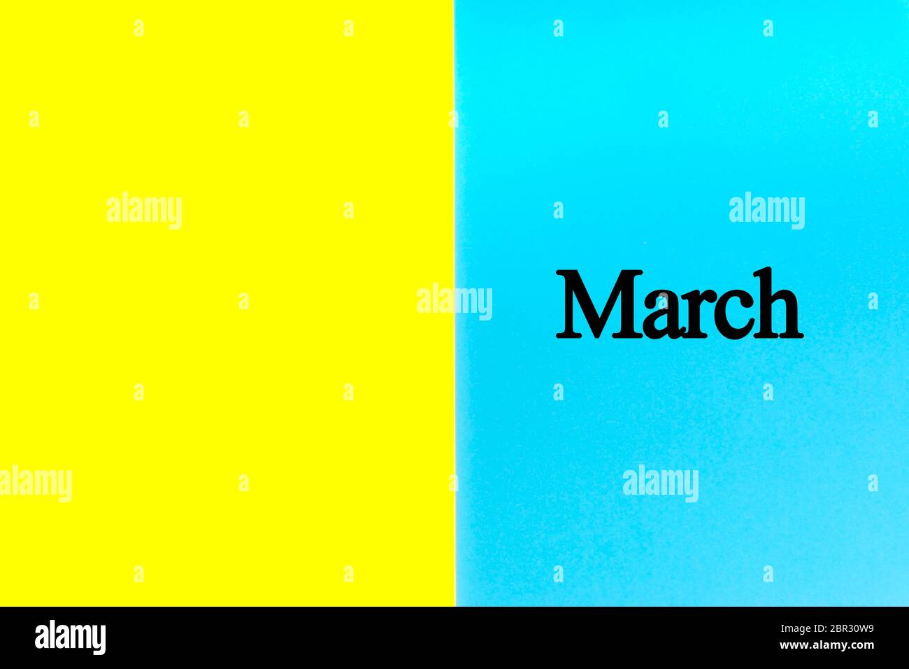 MARCH written words on blue and yellow background. Calendar, Month ...