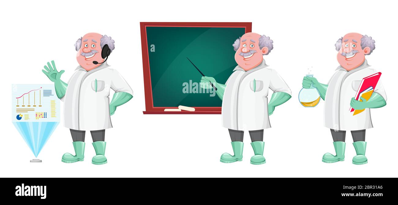 Funny professor cartoon character, set of three poses. Usable also as ...