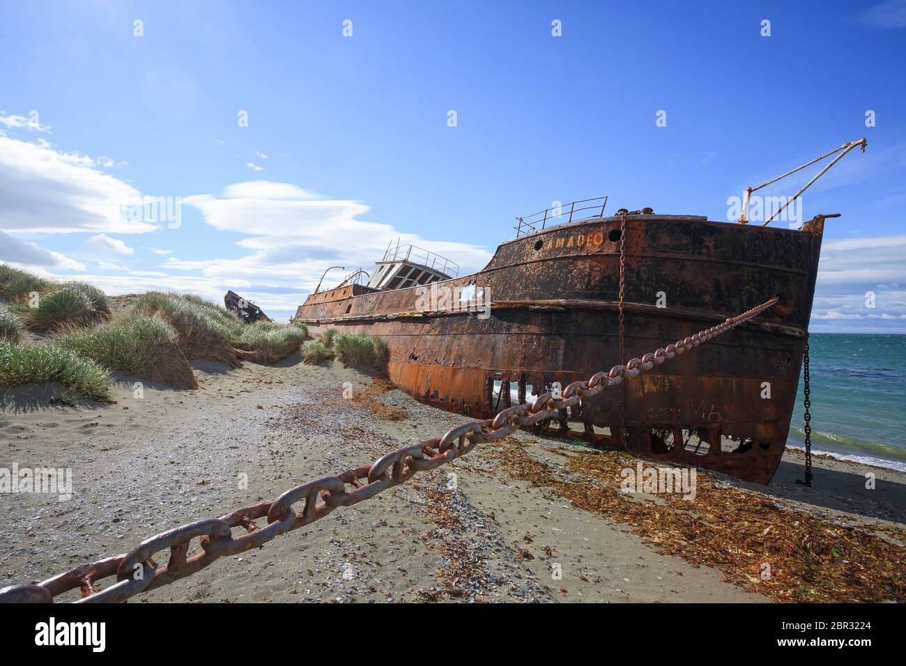 Wreckages on San Gregorio beach, Chile historic site. Beached ships ...