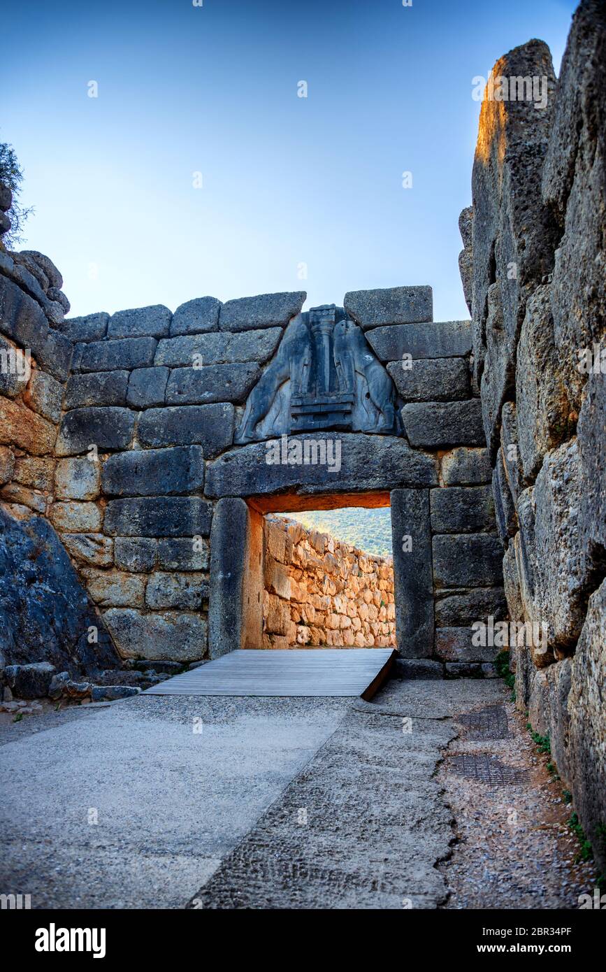 The famous Lions Gate, the main entrance of the Citadel at the archaeological site of Mycenae in ...