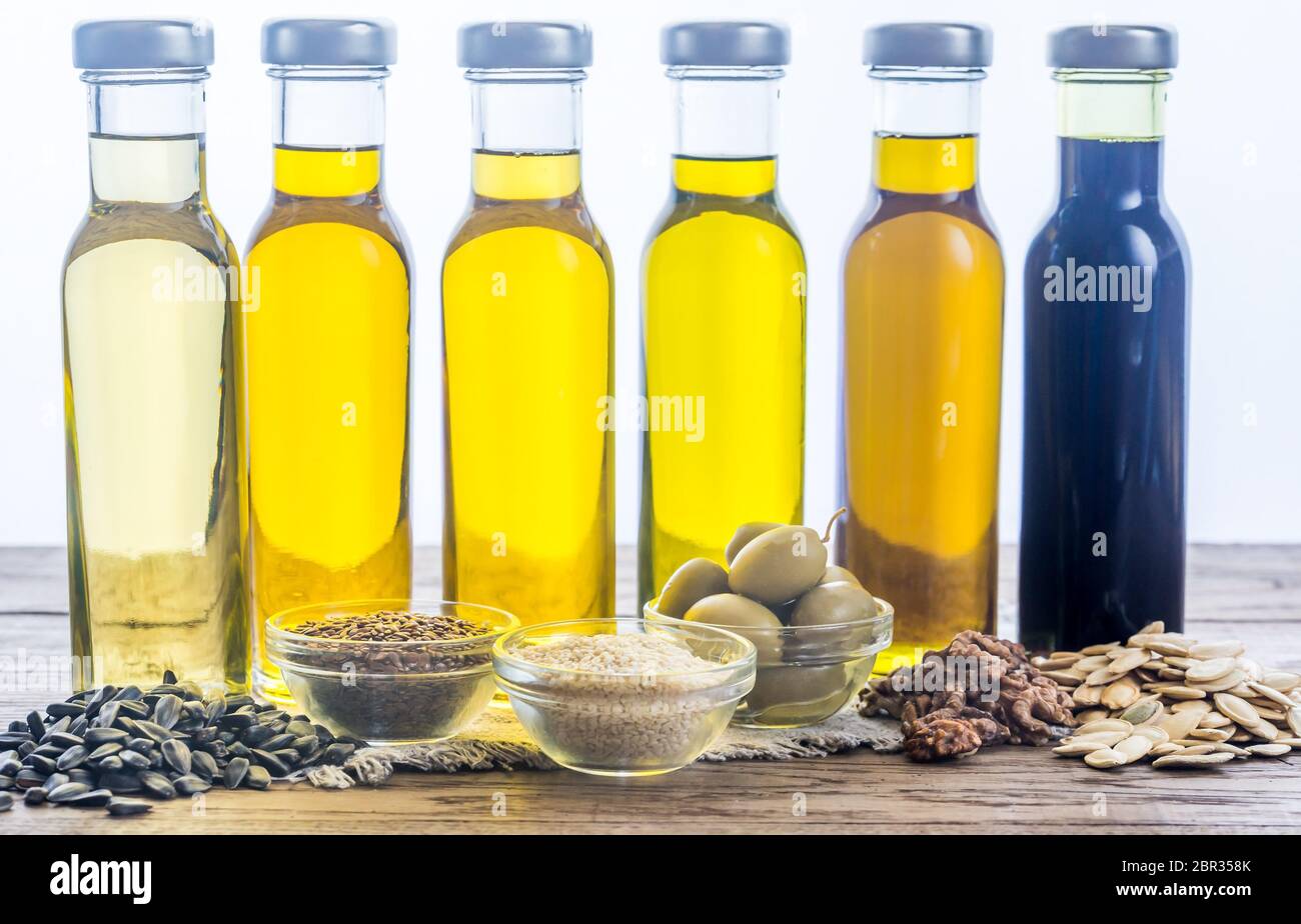 Bottles with different kinds of vegetable oil Stock Photo - Alamy