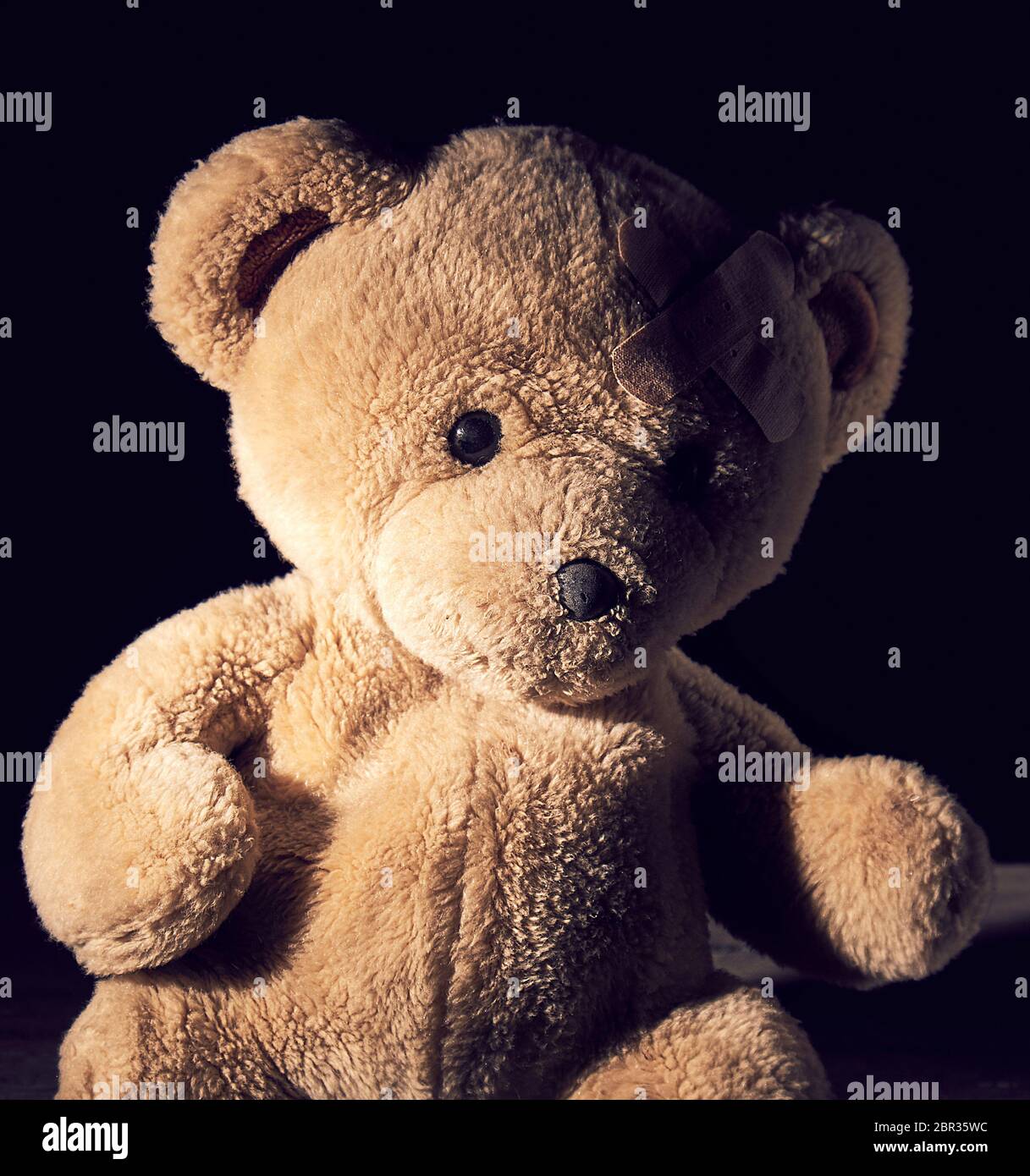 old brown teddy bear is sitting , plaster is glued on his forehead ...