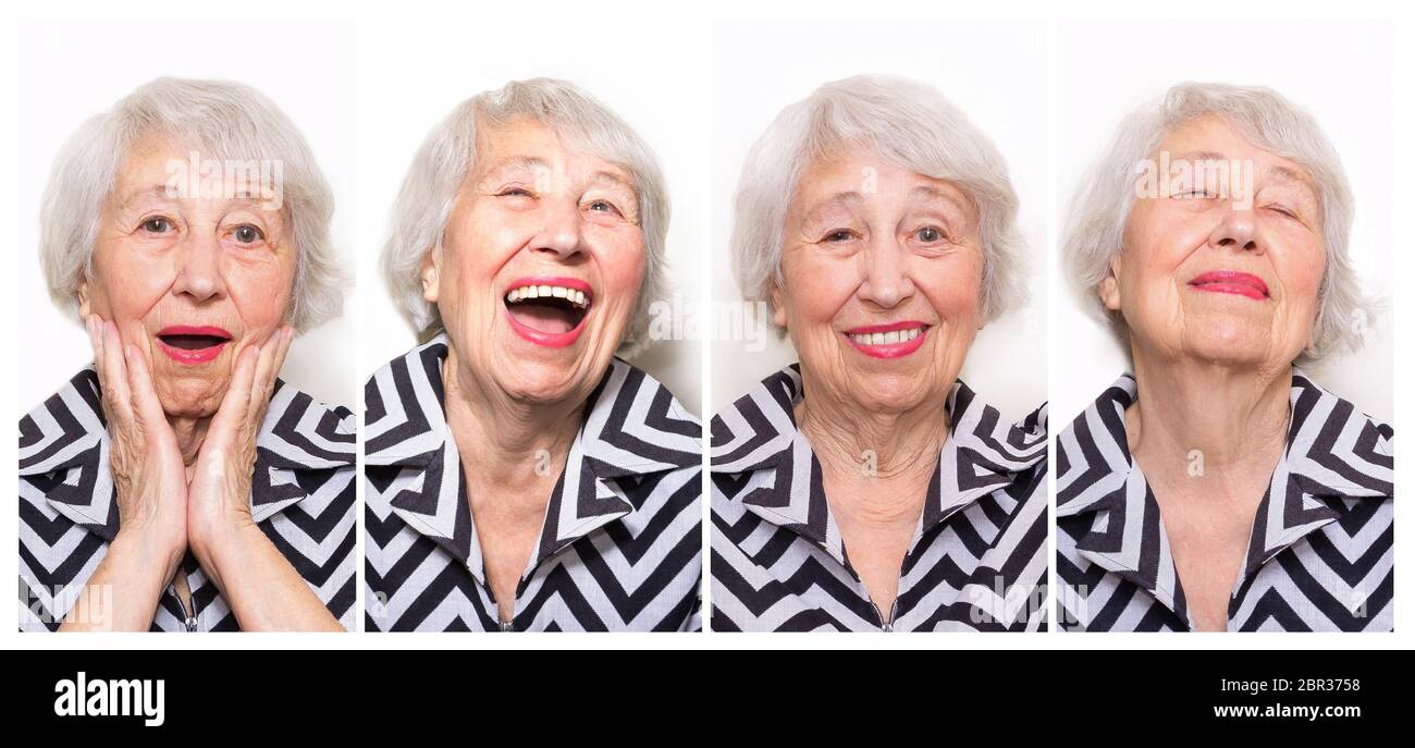 The collage from different emotions of senior woman. Old woman with ...