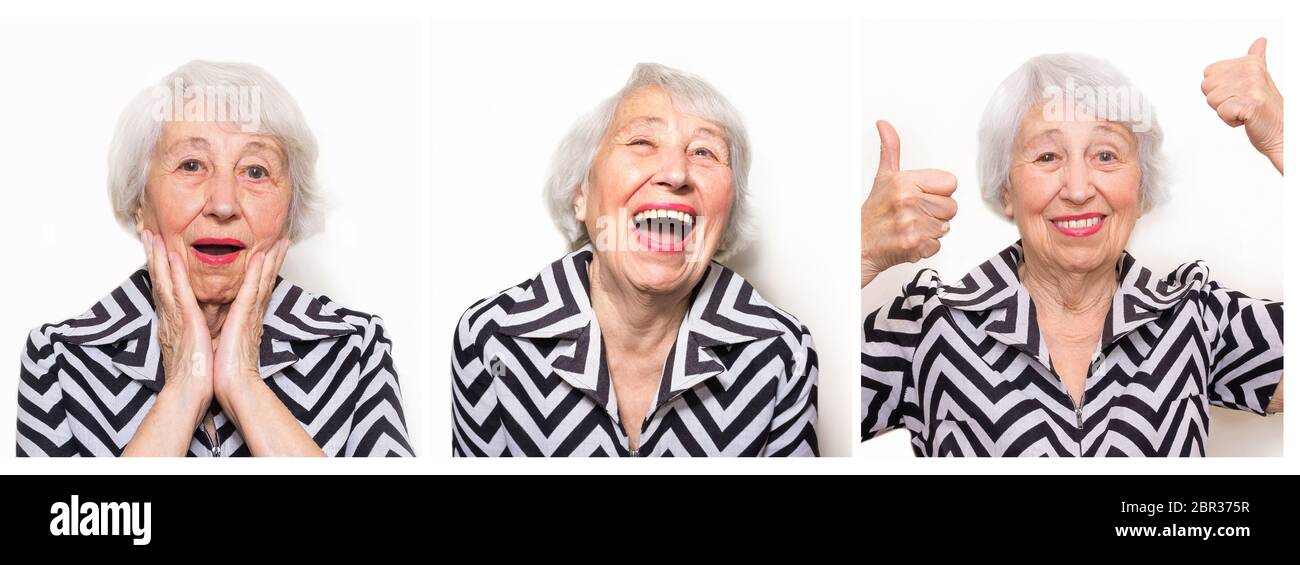 The collage from different emotions of senior woman. Old woman with ...