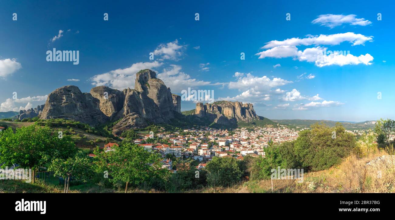 Panoramic view of the Kalambaka town at the foot of the Meteora ...