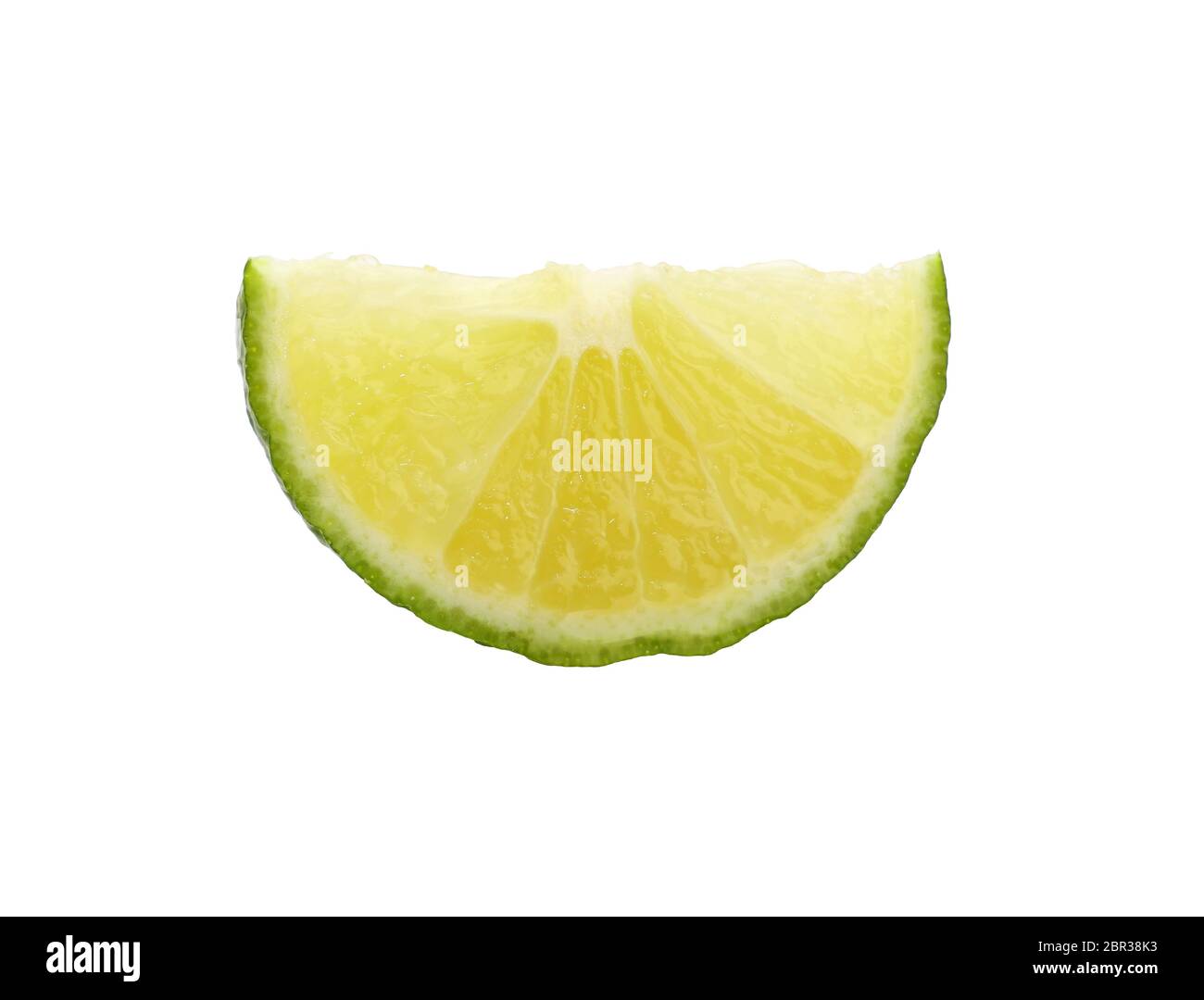 Close up one round thin cut slice of fresh green lime fruit, backlit ...