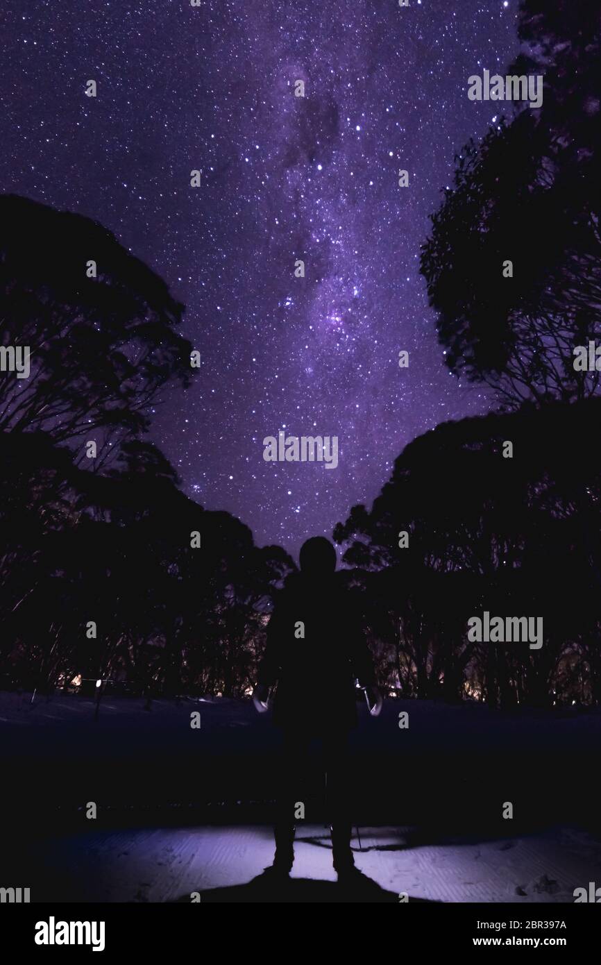 Silhouette contemplating the sky at night Stock Photo - Alamy