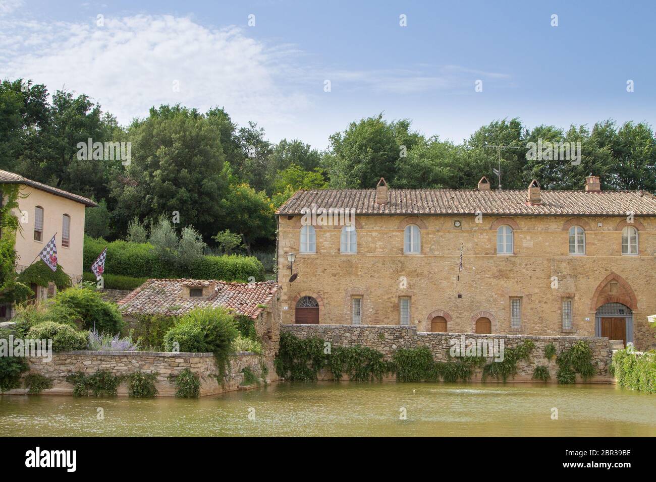 Bagno Vignoni main square view, Tuscany, Italy. Baths of St Catherine ...