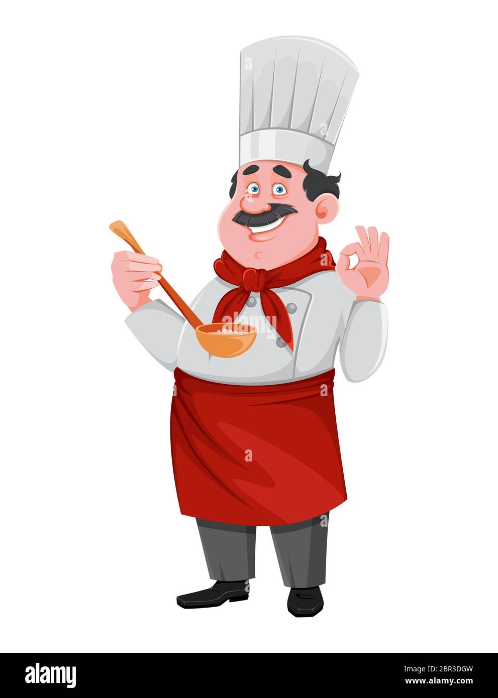 Handsome chef cartoon character tasting food. Cheerful cook in ...