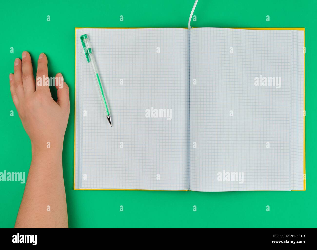 open checked notebook and female hand, top view, green background Stock ...