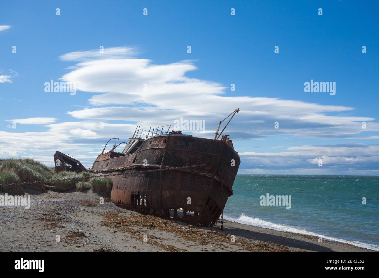 Wreckages on San Gregorio beach, Chile historic site. Beached ships ...
