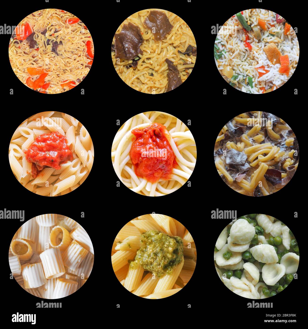 Collage of many different types of pasta including Asian curry noodes ...