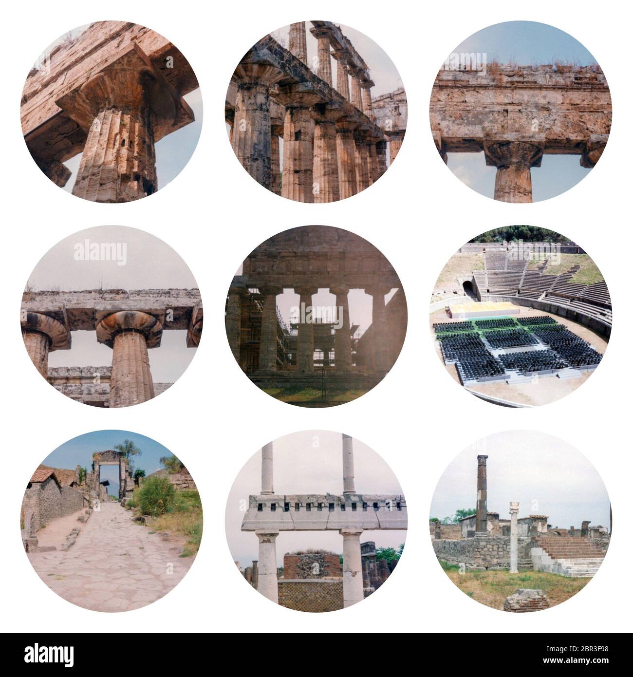 Collage of Pompeii and Peastum ancient archeological ruins including ...