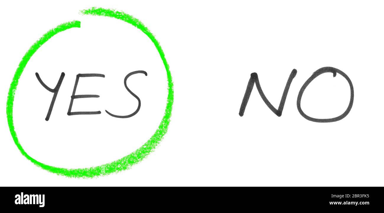 Yes or no? Yes! Handwritten text with green marking on white background ...