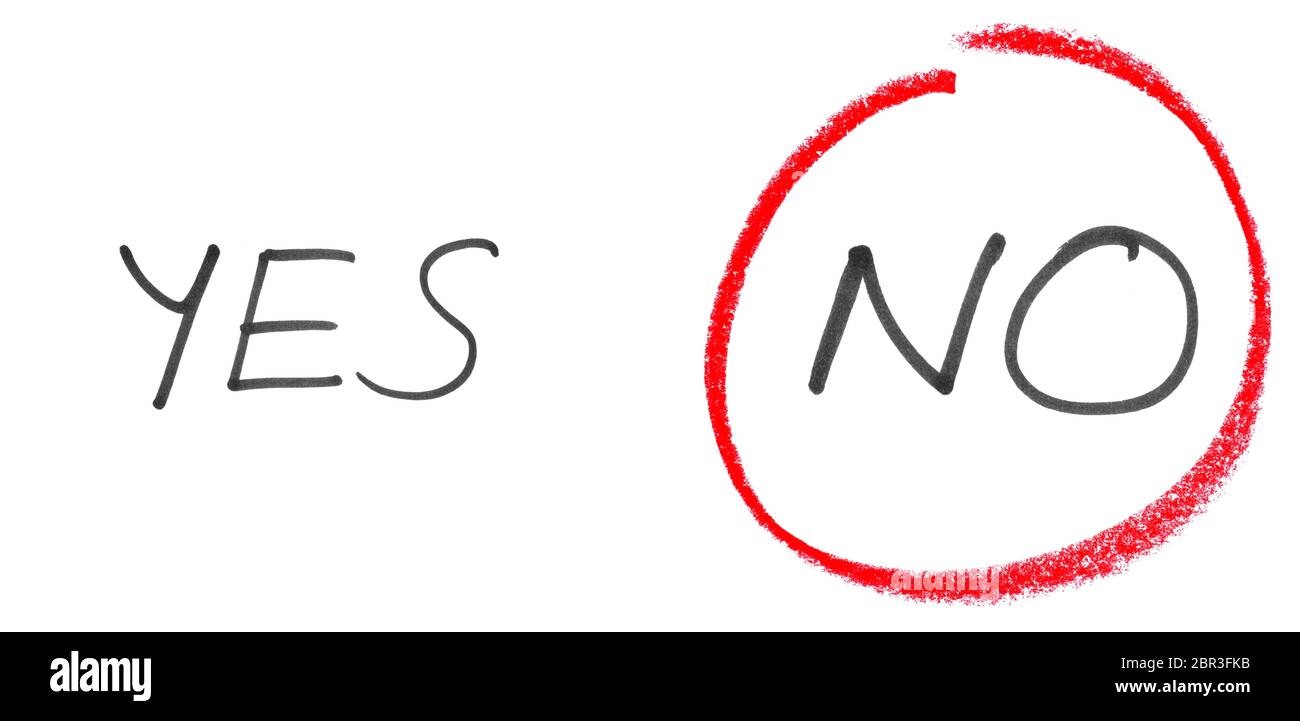 Yes or no? No! Handwritten text with green marking on white background ...