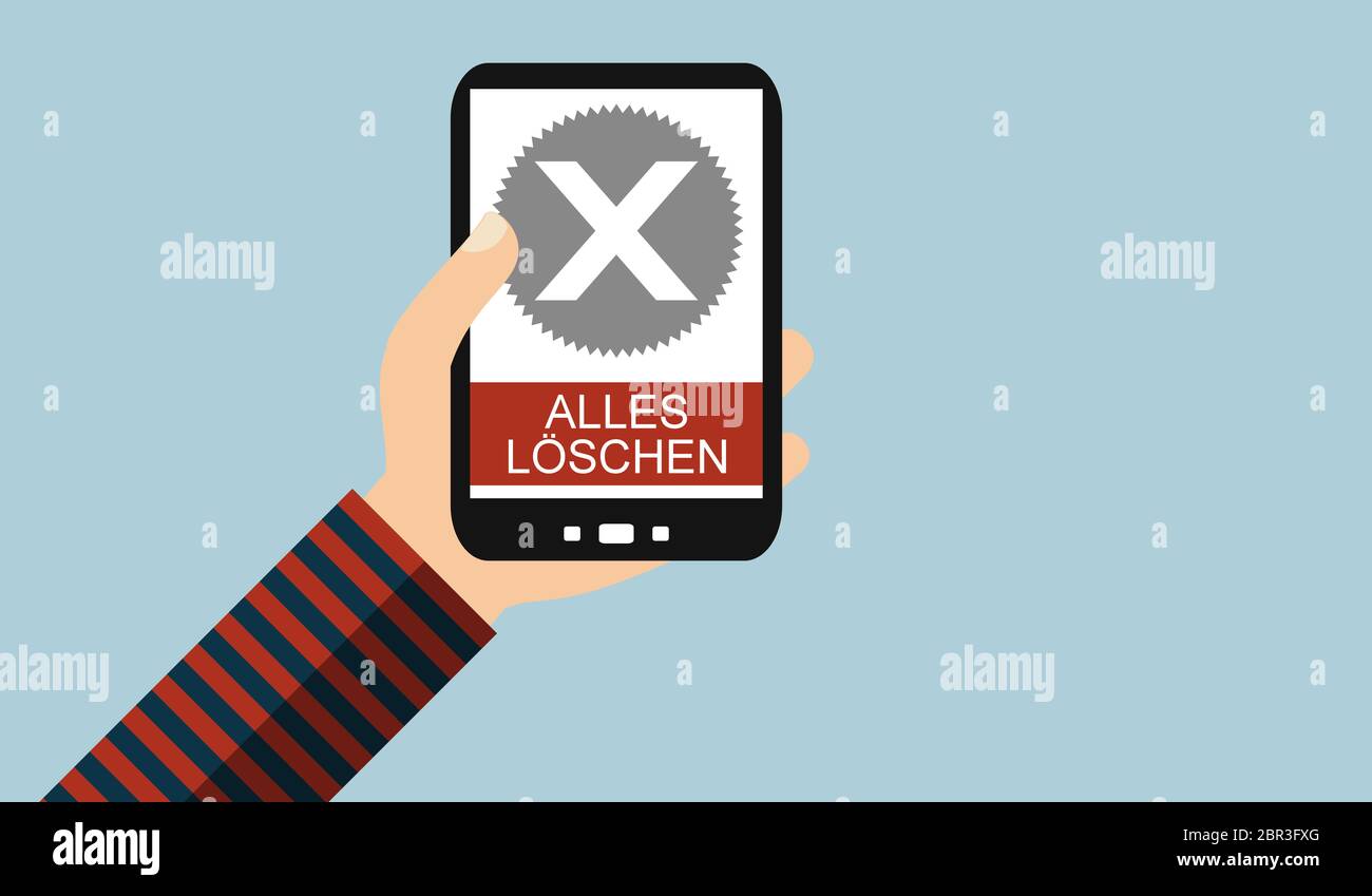 Hand holding Smartphone: Delete Everything in german language - Flat ...