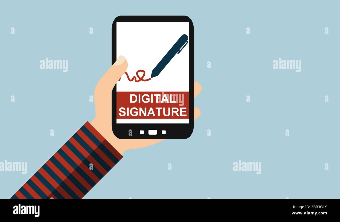 Hand holding mobile phone: Digital Signature - Flat Design Stock Photo ...