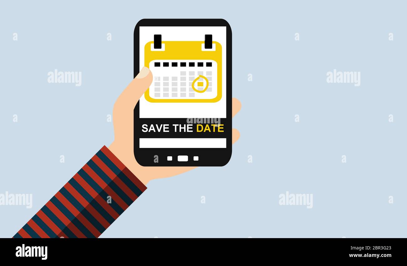 Hand holding mobile phone: Save the date - Flat Design Stock Photo - Alamy