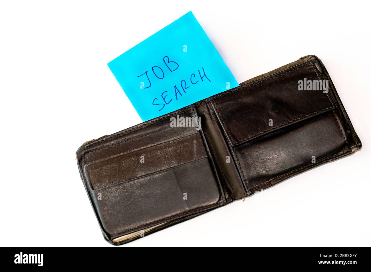 Flat lay. Notebook with job search phrase and open old shabby empty ...