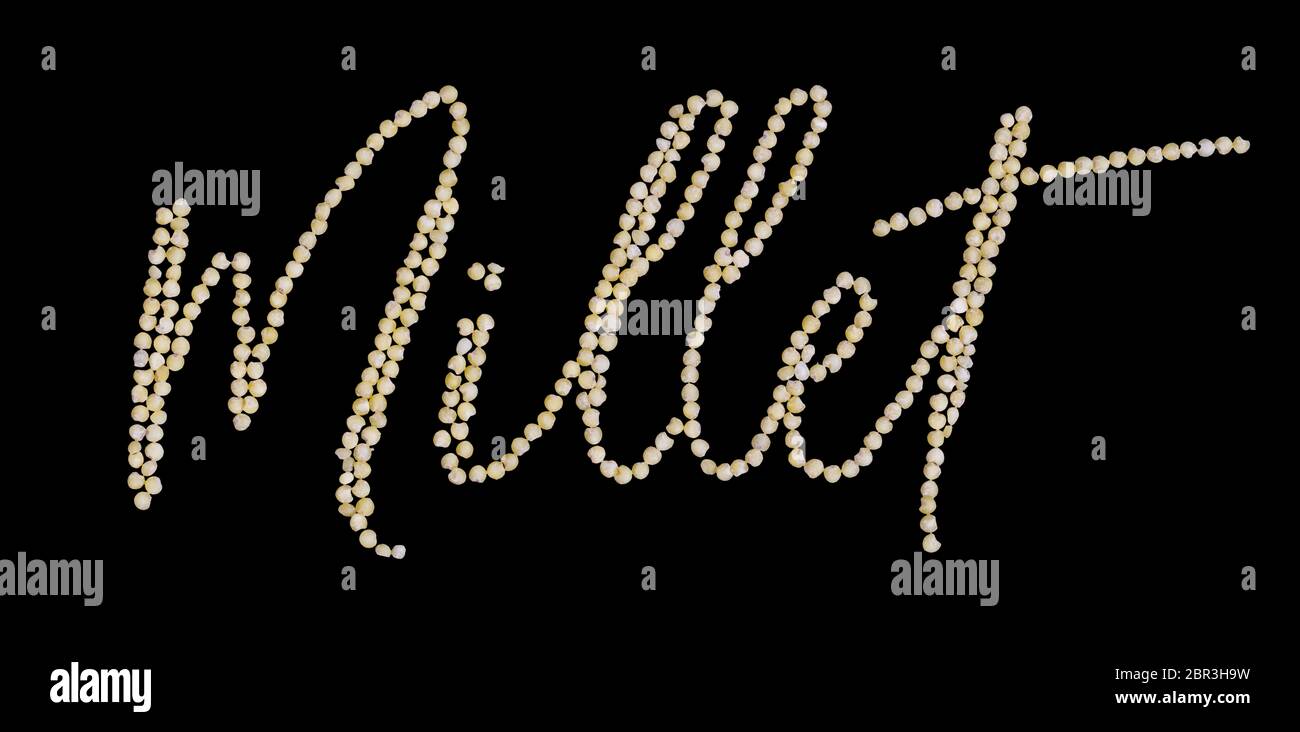 Word Millet made from raw grains, isolated on black background with ...