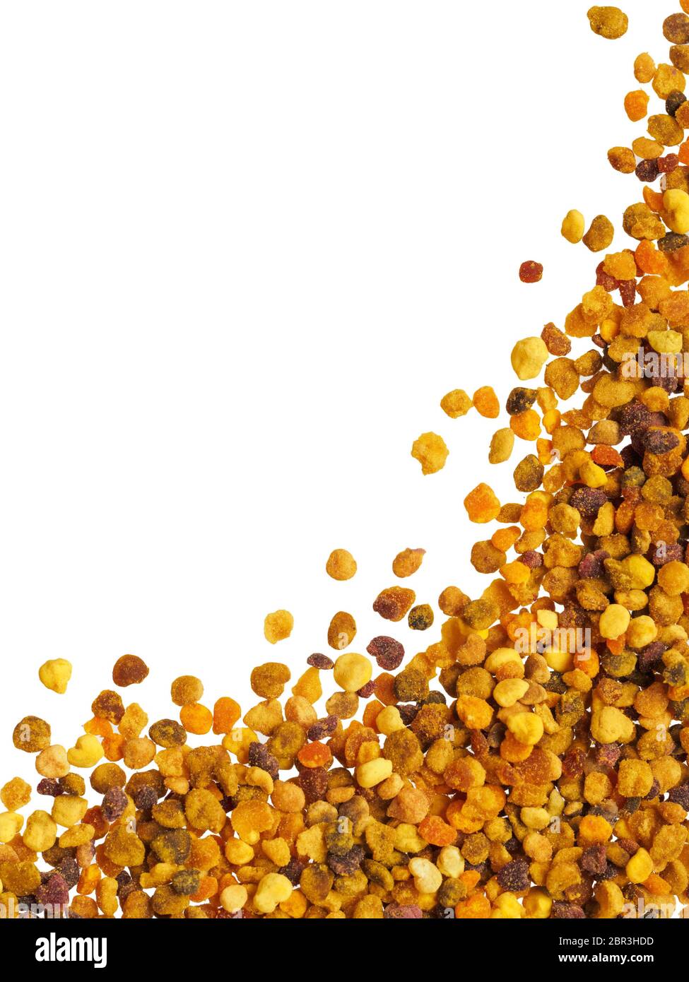 Extreme closeup view of bee pollen on white background. Isolated one ...