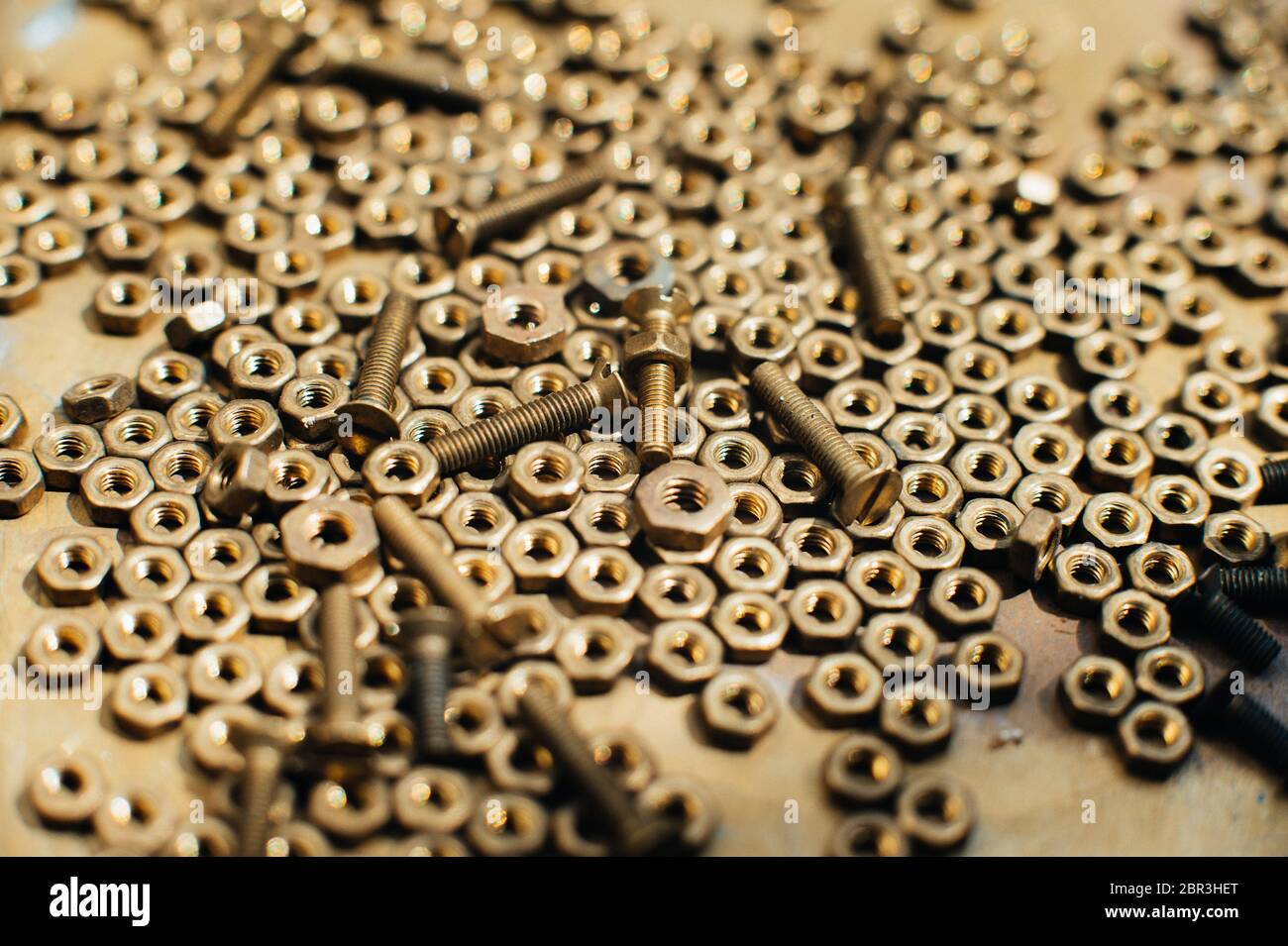 Close-up, macro. Old Soviet brass countersunk head screws with a flat ...