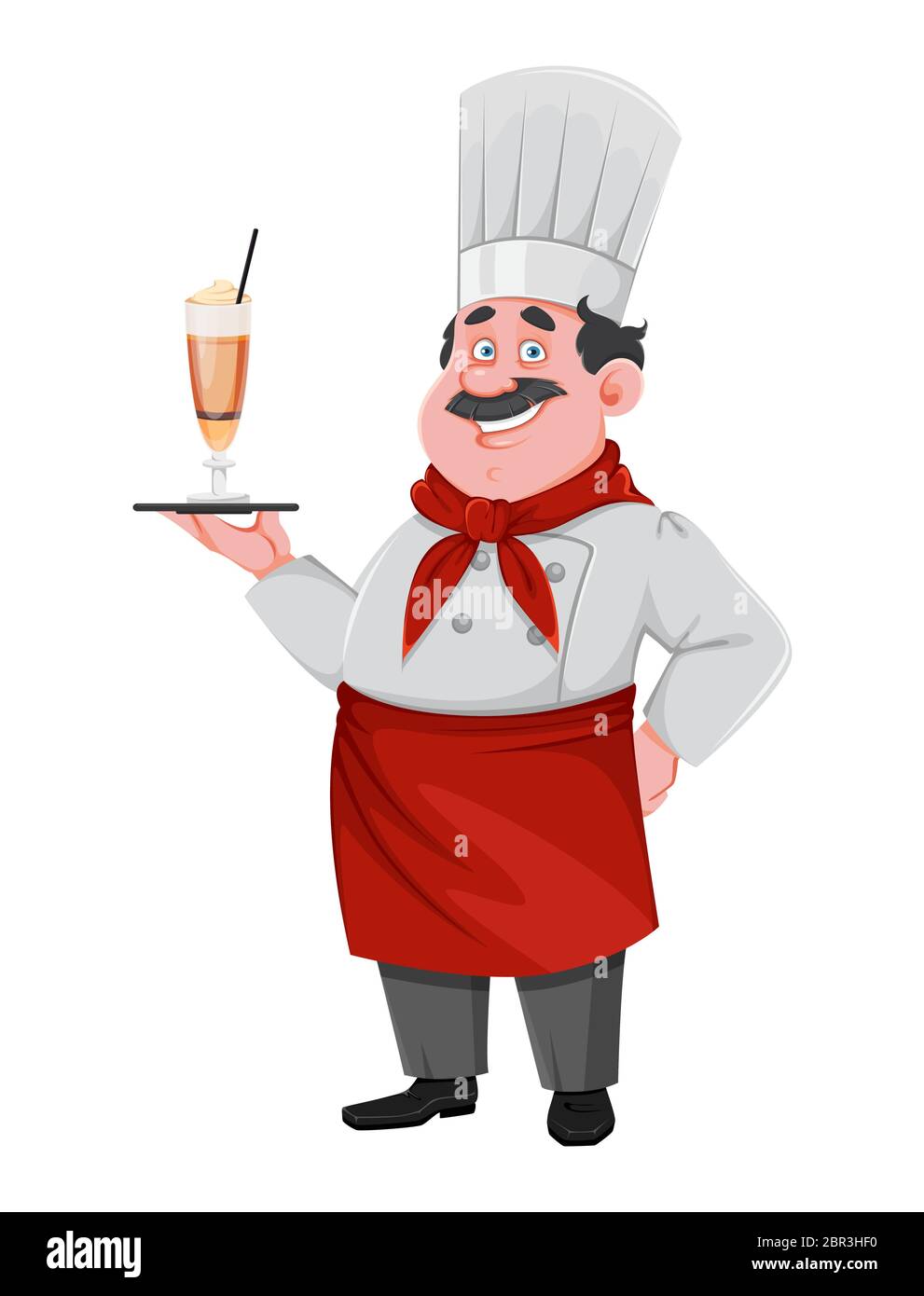 Handsome chef cartoon character serving cocktail. Cheerful cook in ...