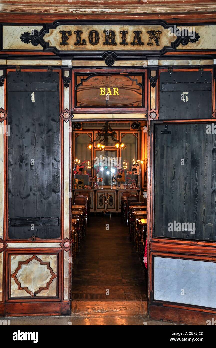 Cafe Florian on the Piazza San Marco or St Mark`s Square in Venice. It ...