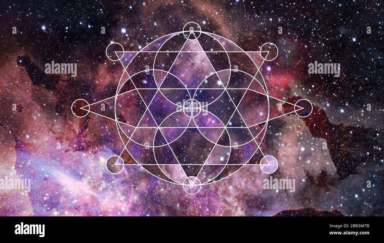 Abstract cosmos geometric background with polygons, triangles, stars ...