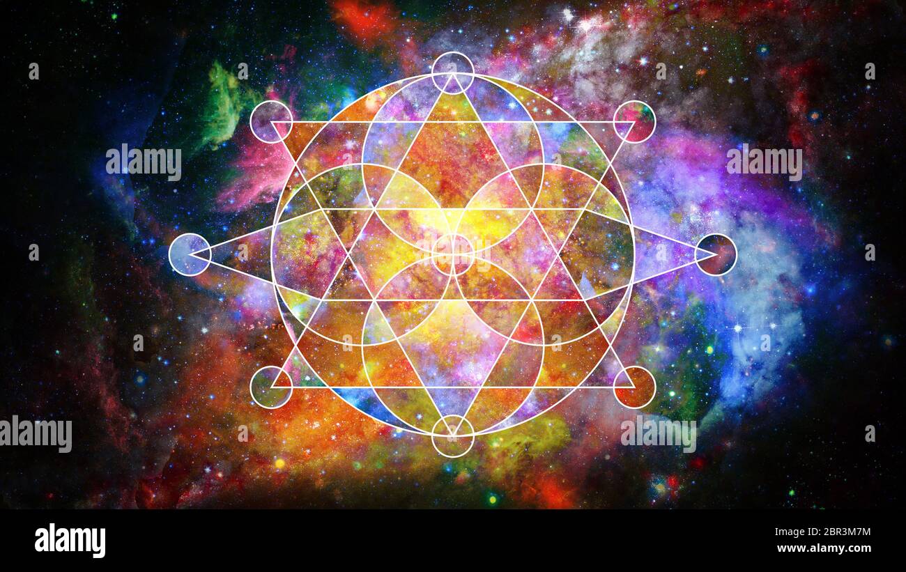 Abstract cosmos geometric background with polygons, triangles, stars ...