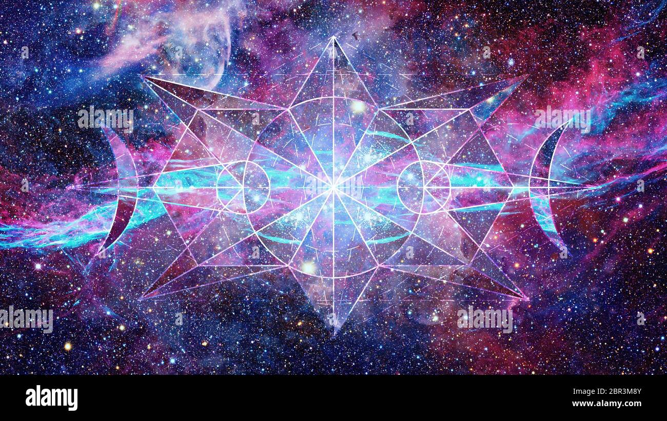 Abstract cosmos geometric background with polygons, triangles, stars ...