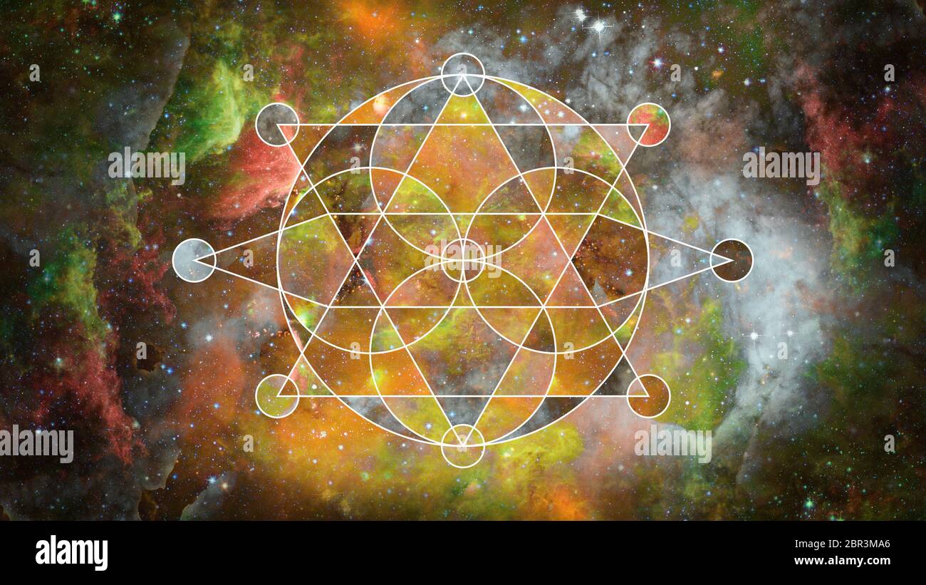 Abstract cosmos geometric background with polygons, triangles, stars ...