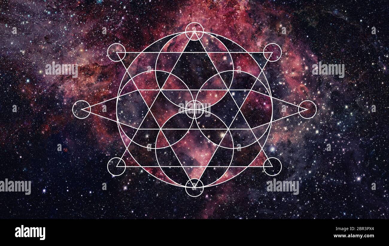 Abstract cosmos geometric background with polygons, triangles, stars ...