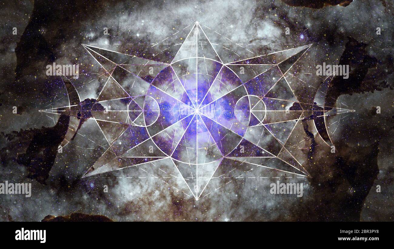 Abstract cosmos geometric background with polygons, triangles, stars ...